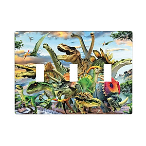 3 Gang Triple Toggle Dinosaur Light Switch Wall Plate Cover Kids Boys Play Room Decor Decorative Faceplate Cool Fun Wallplate for Playroom Playground Decorate