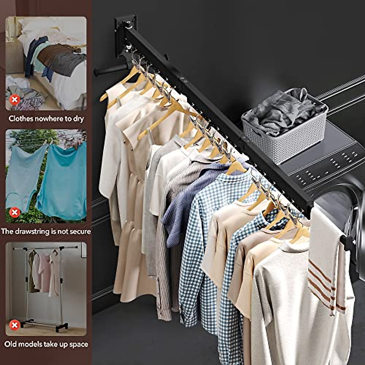 ZdwCyl Wall Mounted Clothes Hanger,Clothes Drying Rack,Laundry Drying Rack,Laundry Rack Wall Mount,Space Saver,Retractable Drying Rack Clothing,Collapsible(Tri-Fold), Windproof Holes,with Clips