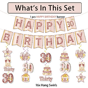 30th Birthday Decorations for Women, Rose Gold 30th Birthday Decorations Includes 30th Birthday Banner and Hanging Swirls for Women, 30th Birthday Party Supplies 17PCS