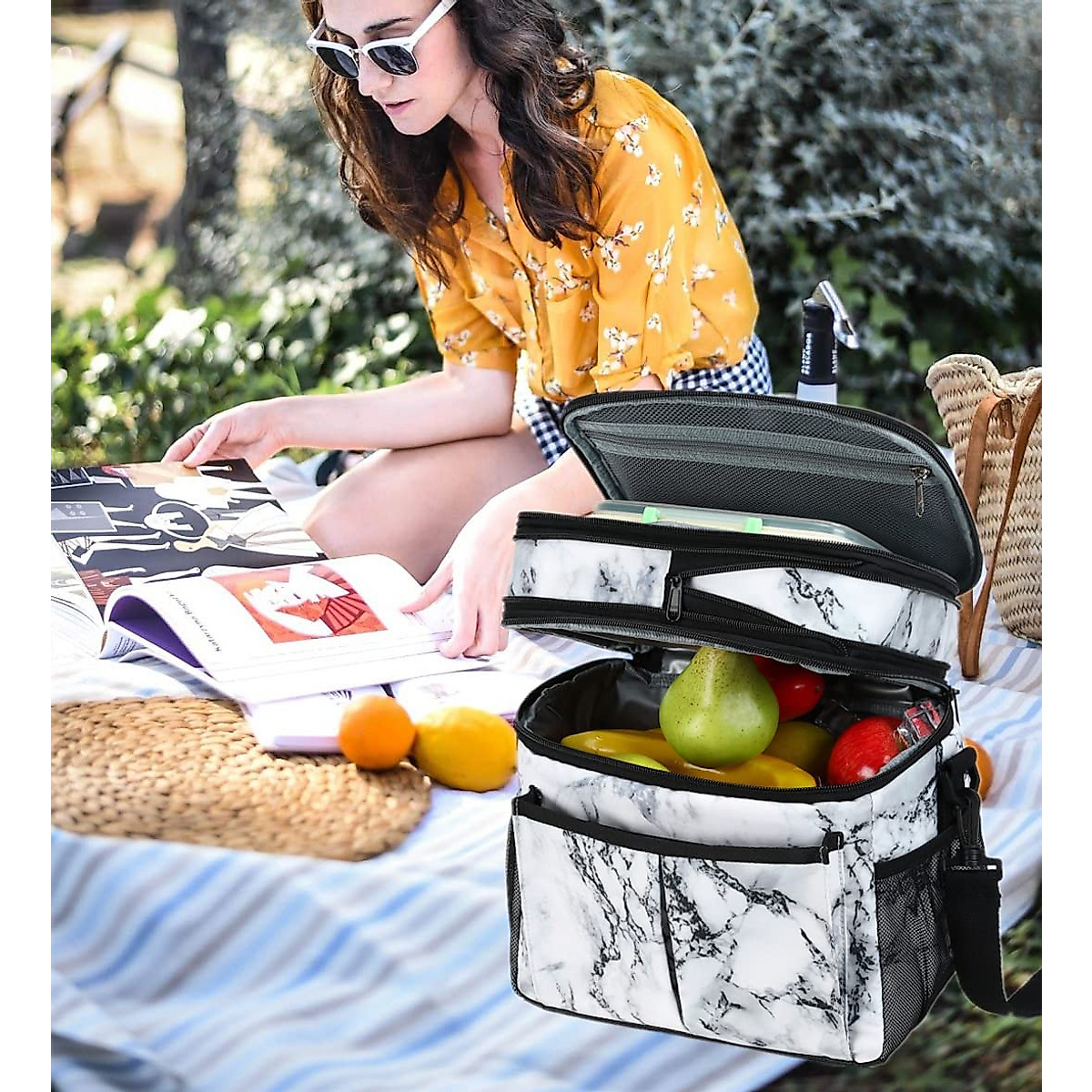 Large Insulated Lunch Bag Women Men Dual Compartment Reusable Lunch Box Soft Portable Leakproof Cooler Bag with Removable Adjustable Shoulder Strap (Marble)