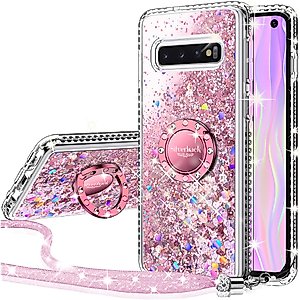 Silverback for Samsung Galaxy S10 Case, Moving Liquid Holographic Sparkle Glitter Case with Kickstand, Bling Diamond Rhinestone Bumper Ring Slim Protective Galaxy S10 Case for Girls Women - Pink