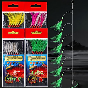 Fishing Rigs with Feathers Mackerel Feather Rigs 10Packs 60 Hooks Mackerel Feathers Sea Boat Beach Pier Lure Fishing Rigs 6 Hook Positions/Feather Rig 4 Colors Selection Pack (Yellow 15#,10Pack)