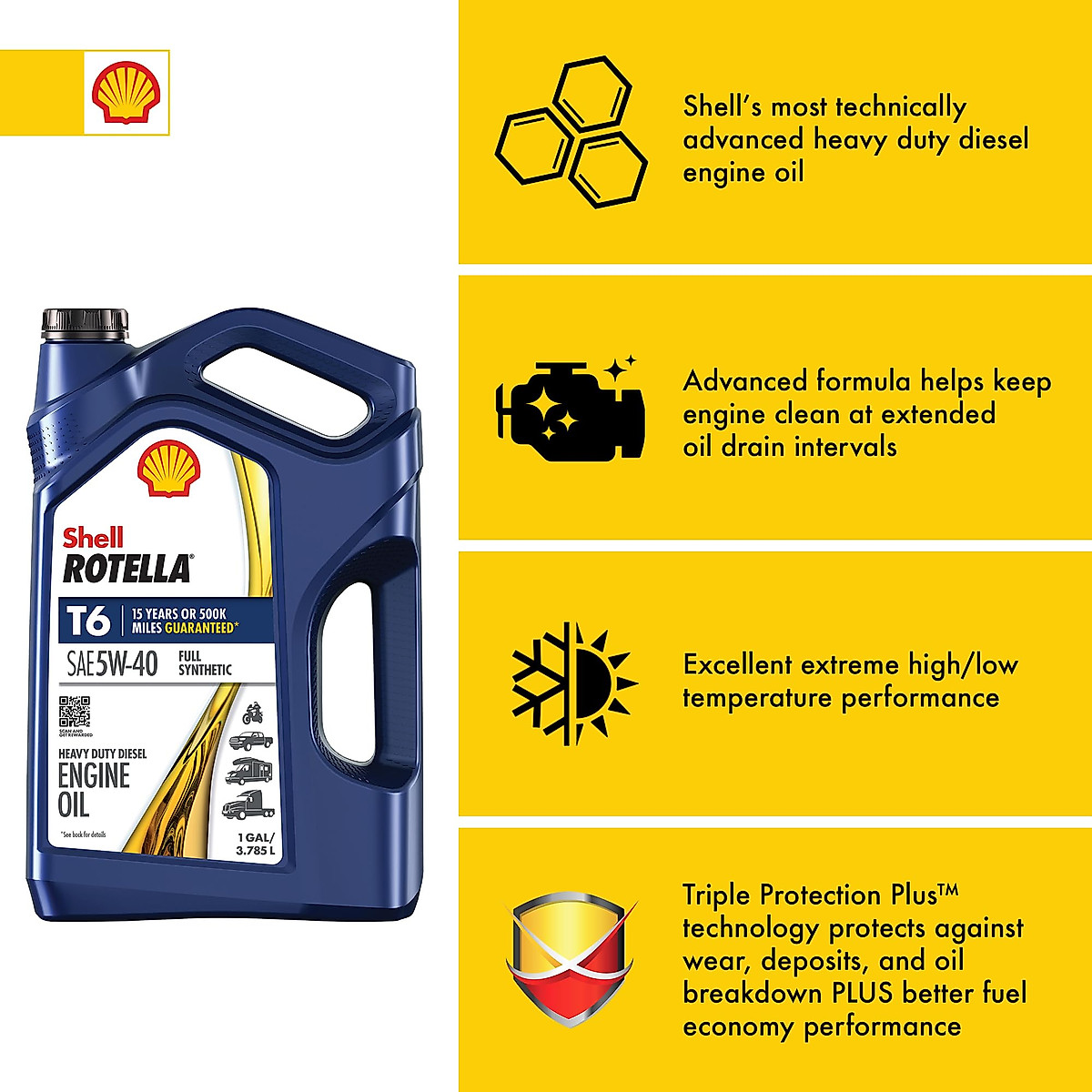 Shell Rotella T6 Full Synthetic 5W-40 Motor Oil, 1 Gallon (3 Pack)