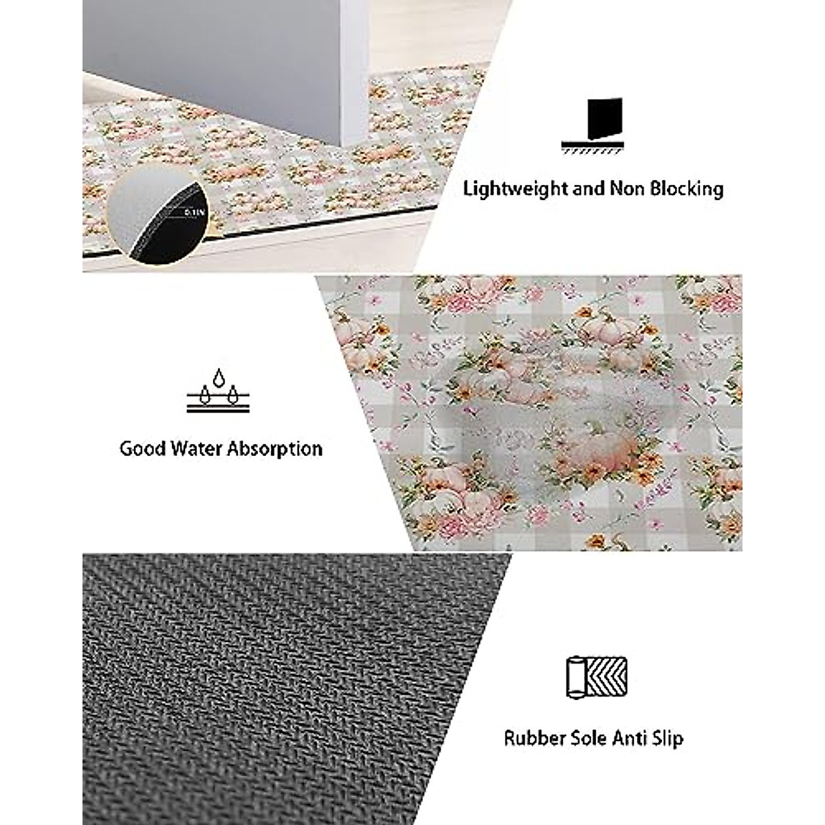 Pumpkin Sunflower Bath Mat for Tub,Non Slip Bathroom Floor Runner Rug Quick Dry & Absorbent Diatomaceous Earth Kitchen Shower Sink Washable Doormat,Thanksgiving Fall Eucalyptus Leaves Lattice 16"x24"