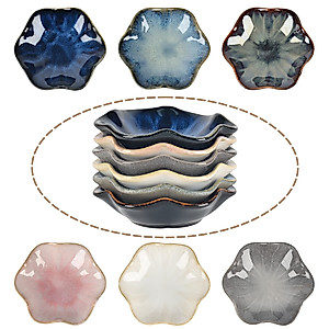 Dipping Bowls Set of 6, Ceramic Soy Sauce Dish, Flower Dipping Sauce Bowls, Pinch Bowls, Special Reactive Glazed Small Condiment Finger Bowls for Dip Sushi Soy Sauce Cup Dish