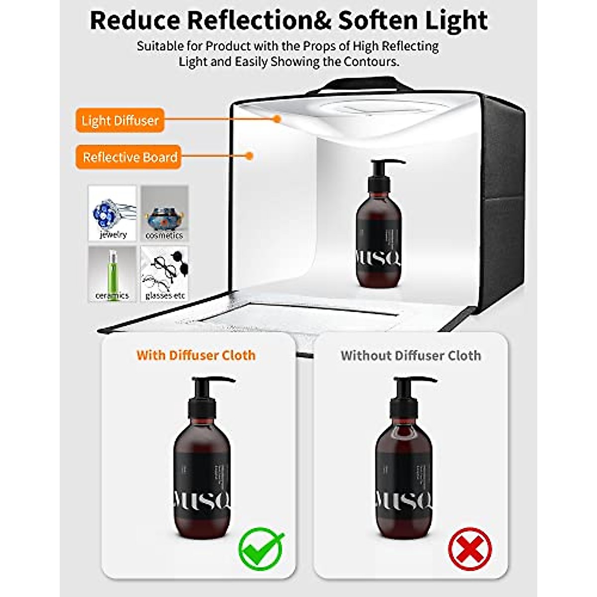 Glendan Portable Light Box Photography, 16"x12" Professional Dimmable Photo Box with 112 High Color Rendering Index LED Lights & 8 Color PVC Backdrops for Jewelry and Small Item Product Photography