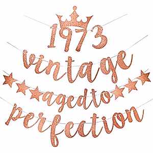 Rose Gold 50th Birthday Banner Decorations for Women, Glitter Vintage 1973 Aged to Perfection Party Supplies, Fifty Year Old Bday Anniversary Hanging Sign Decor