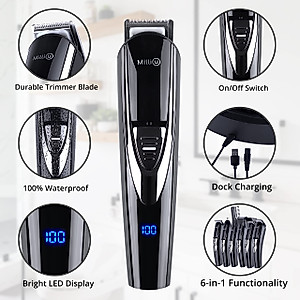 Milli-U Men's Waterproof Cordless Beard and Body Hair Trimmer, Self-Sharpening Steel Blades, 13 Multigroom Attachments, 1 Year Risk Free Guarantee