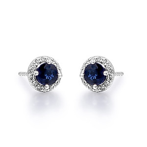 Gin & Grace women's 14K White Gold Genuine Blue Sapphire Earrings With Diamonds | Ethically, Authentically & Organically Sourced (Round-Cut) Shaped Sapphire Hand-Crafted Jewelry QA0869E-BS