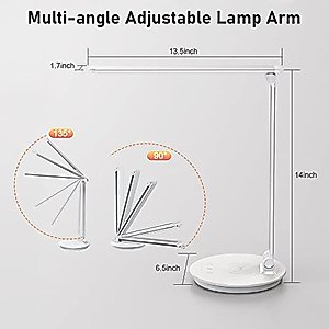 Vansuny LED Desk Lamp with Wireless Charger USB Charging Port Touch Control Dimmable Office Lamp 1h Timer 5 Color Modes 6 Brightness Levels Eye-Caring Table Lamp for Home Office Bedroom White