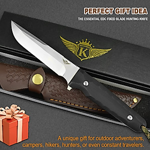 KOMWERO Fixed Blade Knife with Leather Sheath, D2 Steel Full Tang Hunting Knife, Non-Slip G10 Handle, EDC Survival Camping Knife for Outdoor Fishing Hiking