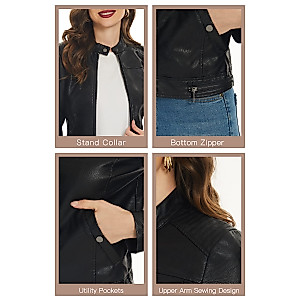 Fahsyee Black Faux Leather Jackets for Women Zip Up Motorcycle Short PU Moto Biker Outwear Fitted Slim Coat Size L