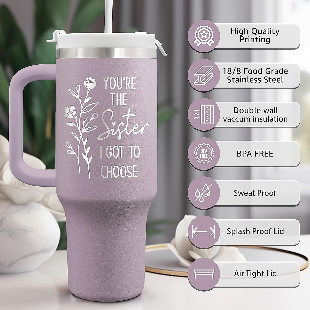 40oz Travel Tumbler Gift For Women - Pandzee Best Friend, Sister, Besties, Soul Sister Gift With Handle & Straw Lid