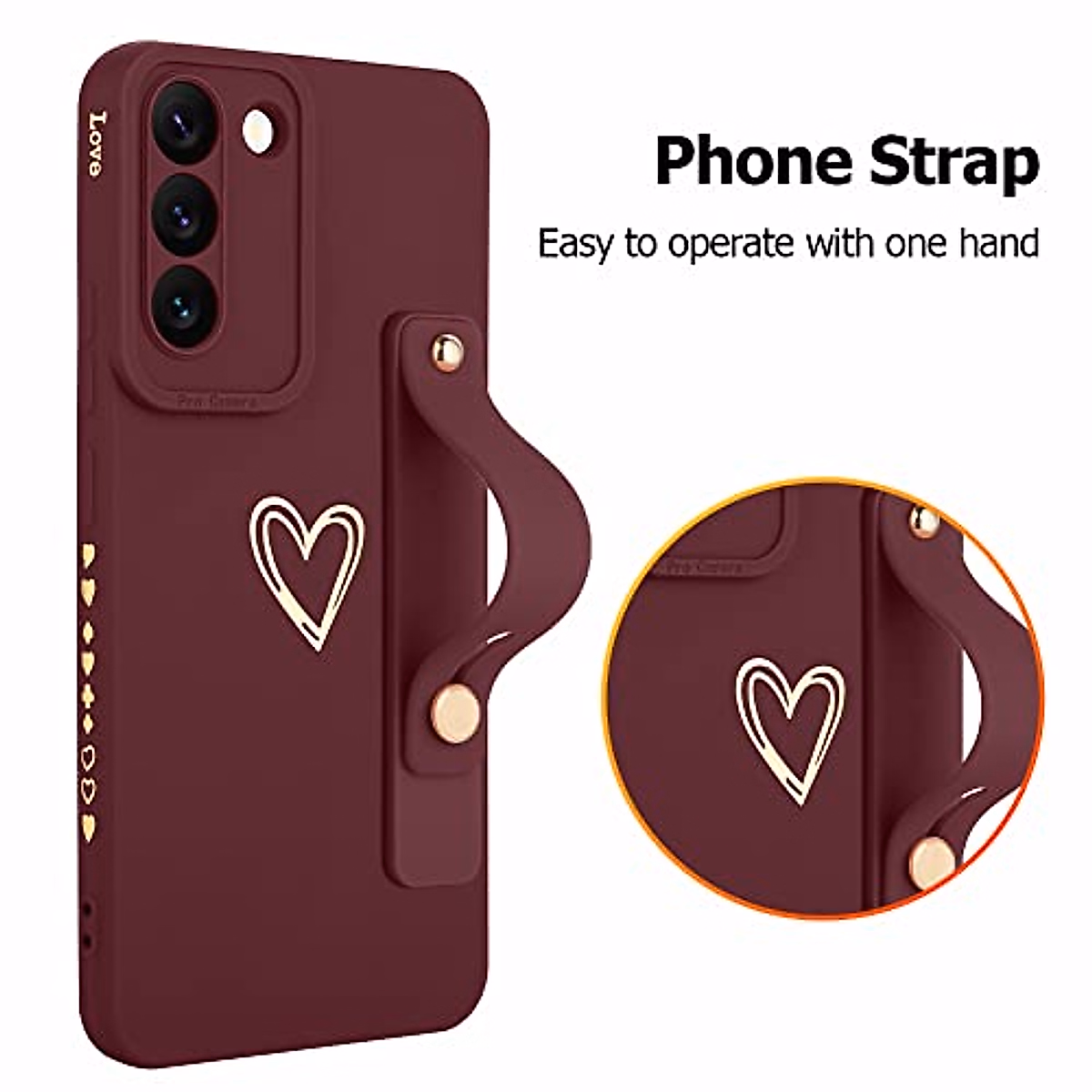 Fiyart Designed for Galaxy S22 Plus Case with Phone Stand Holder Cute Love Hearts Slim Protective Camera Protection Cover with Wrist Strap for Women Girls for Galaxy S22+ Plus 6.6"-Wine Red