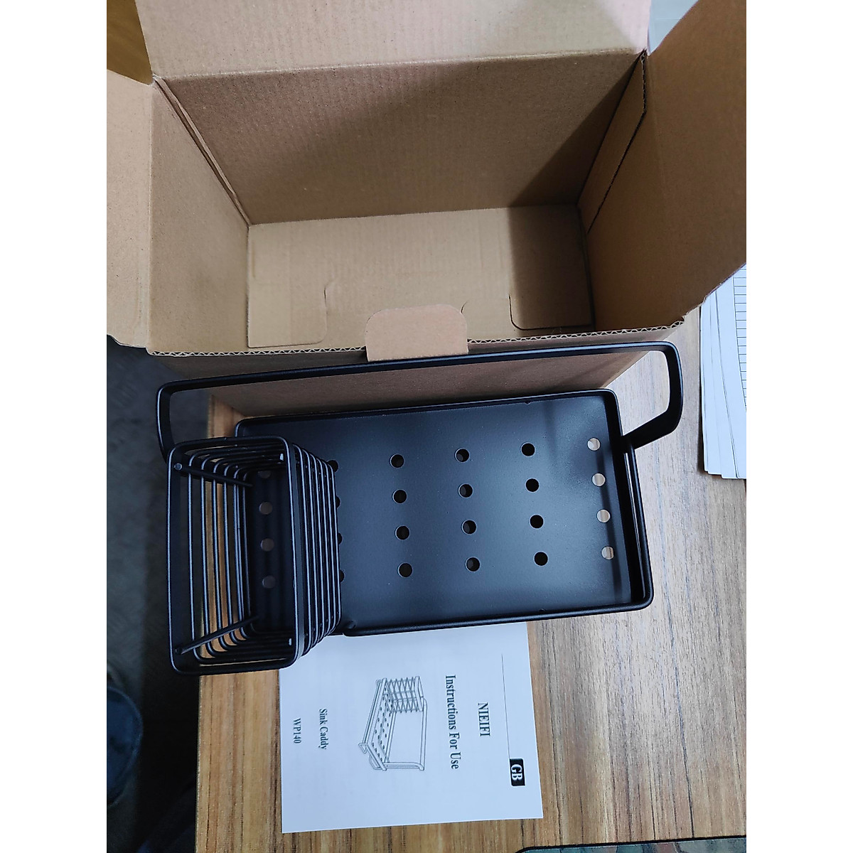 Nieifi Sink Caddy Organizer Countertop Sponge Brush Soap Holder with Drain Pan Stainless Steel for Kitchen Black