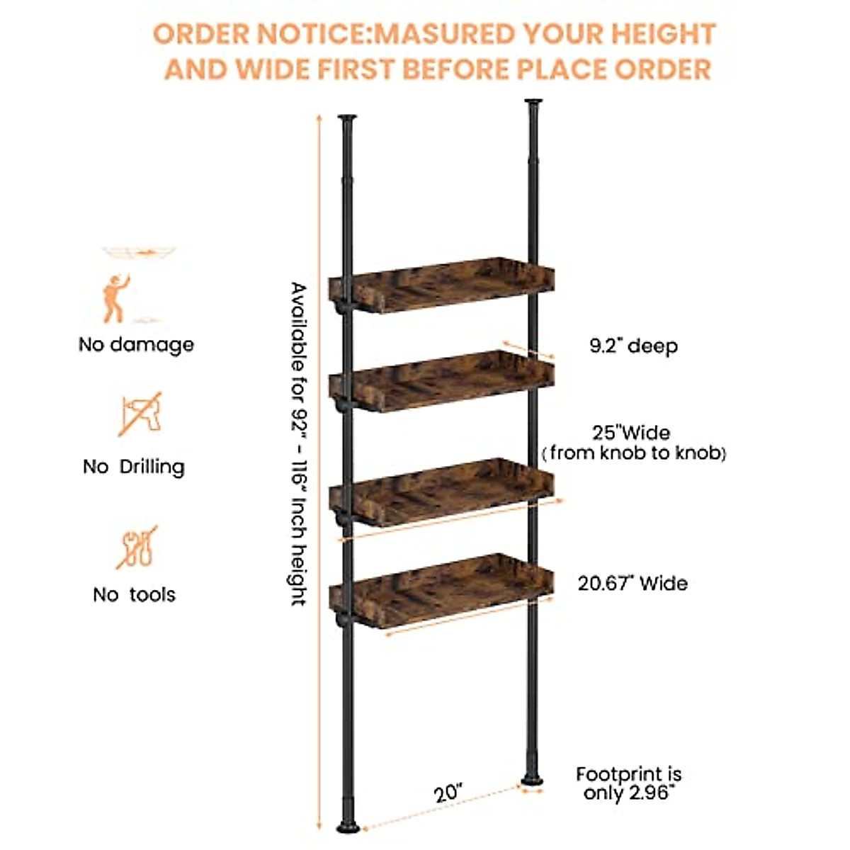ALLZONE Bathroom Organizer, Over The Toilet Storage, 4-Tier Adjustable Wood Shelves for Small Rooms, Saver Space Rack, 92 to 116 Inch Tall, Narrow Cabinet, Rustic Brown