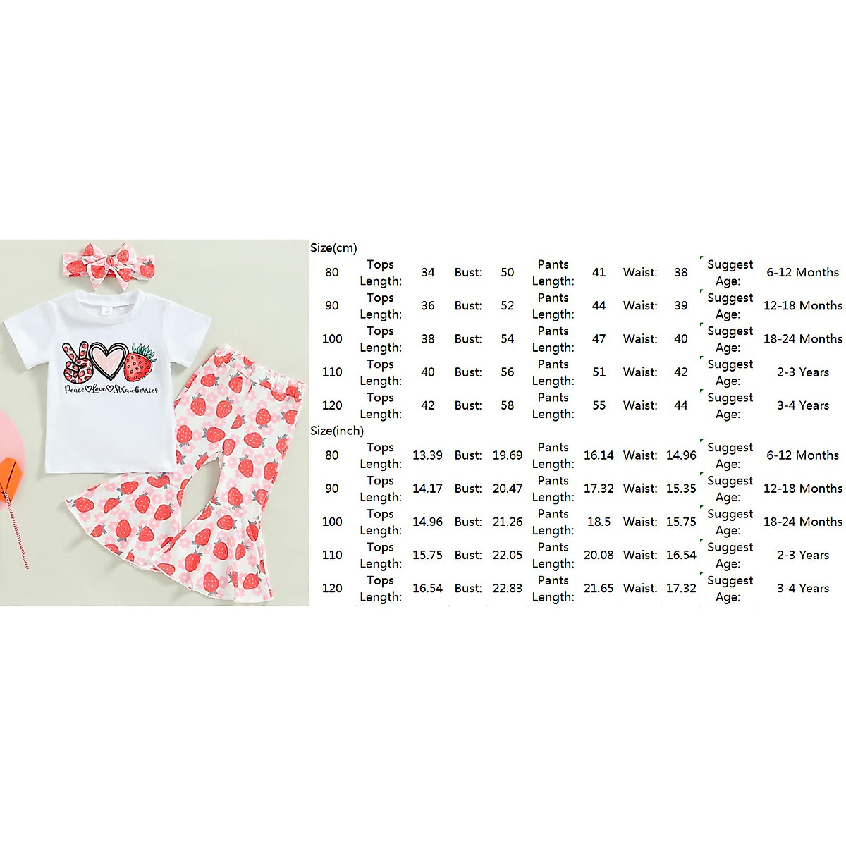 Xiaodriceee Toddler Baby Girl Summer Bell Bottom Outfit Kids Short Sleeve Letter T-Shirt Top Matching Flare Pants Set(HA-Strawberry White+Red,3-4T)