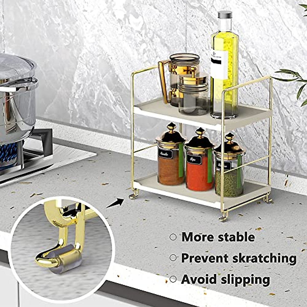 kaileyouxiangongsi 2-Tier Kitchen Spice Rack - Freestanding Stackable Organizer Shelf - Bathroom Organizer Countertop Storage Shelf - Cosmetic Organizer Holder- Square Standing Rack (Golden)