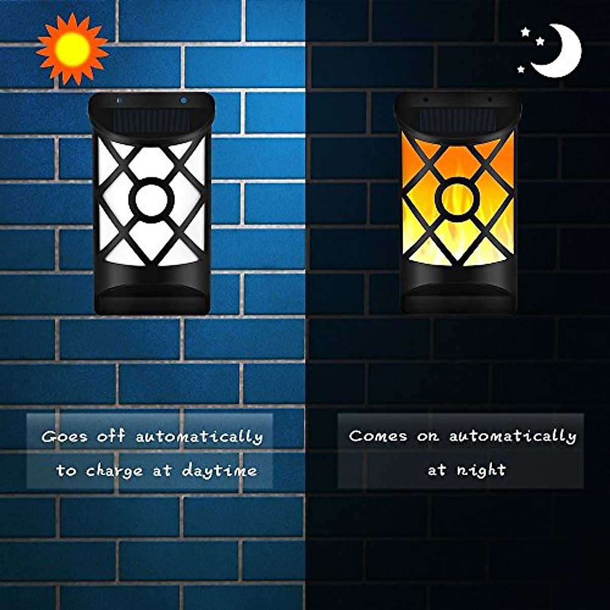 Fitybow Solar Flame Lights Outdoor, Waterproof Flickering Flame Solar Lights Dark Sensor Auto On/Off 66 LED Solar Powered Wall Mounted Night Lights Lattice Design for Patio Deck Driveway (2Packs)