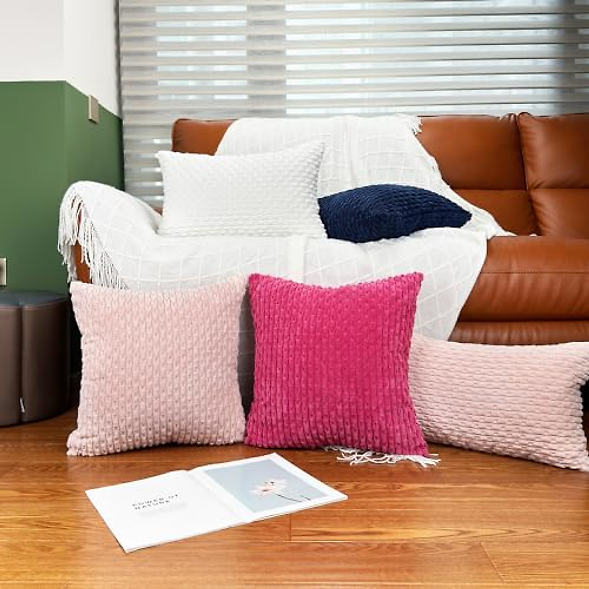 16x16 Throw Pillow Covers Set of 2, Decorative Boho Covers for Bed, Couch Fluffy Pillow Cover for Living Room, Neutral Home Décor Accent for Sofa - Hot Pink