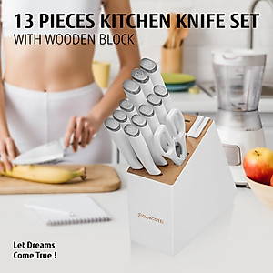 diamosteel White Knife Set with Block, 13 Pieces Knife Block Set with Built-in Sharpener Scissors for Kitchen, High Carbon Stainless Steel Knife Set