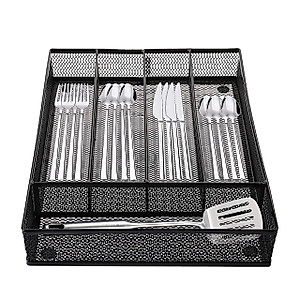 Cedilis Cutlery Tray, 5 Compartments Flatware Organizers, Metal Kitchen Utensil Drawer Silverware Tray, The Mesh Collection for Knives Spoons Forks with 4 Foam Feet, Black