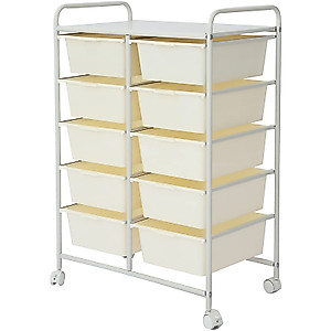 Ytaoka Rolling Cart with 10 Drawers, Plastic Drawer Cart with Metal Frame, Multipurpose Art Craft Cart Organizer with Wheels, Utility Cart with Drawers for Home, Office, School, White