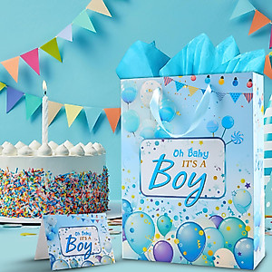 Large Blue Baby Boy Gift Bag with Tissue Paper and Greeting Card, It's A Boy Baby Shower Paper Bag Baby Boy Wrapping Paper Bag with Ribbon Handles for Party Supplies Decorations,1st Birthday Gender Reveal Party Favors