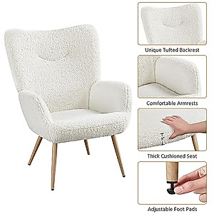 Yaheetech Barrel Chair, Teddy Fabric Casual Chair with High Back and Soft Padded, Modern Fuzzy Vanity Chair, Cozy Armchair for Living Room Bedroom Makeup Room, White