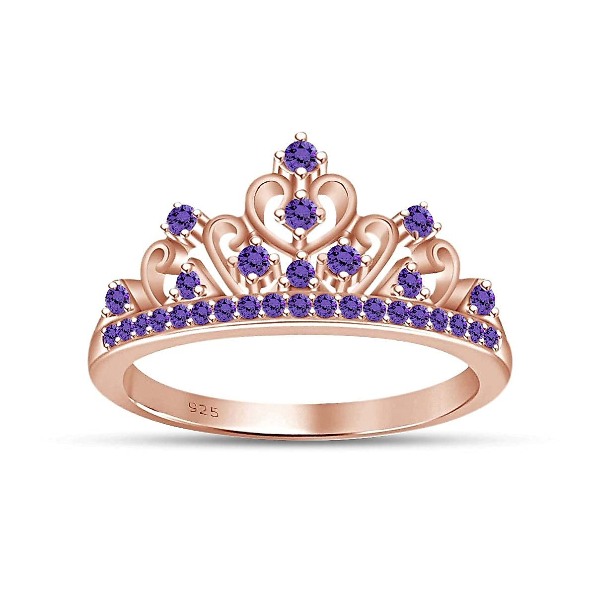 AFFY Round Cut Simulated Amethyst Princess Crown Ring in 14k Rose Gold Over Sterling Silver