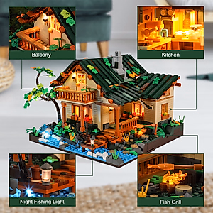 FUNWHOLE Lakeside-Lodge Building Set with LED Lights - Construction Building Model Set 1969 PCS for Teen and Adults with Lighting Kit