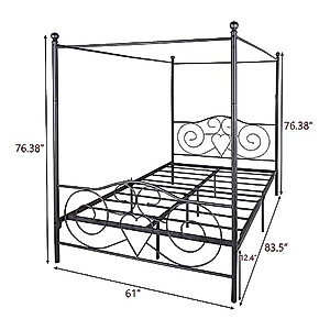 TMEOSK Queen Size Metal Canopy Platform Bed Frame with European Headboard & Footboard, Sturdy Steel Under-Bed Storage Space, No Box Spring Needed for Boys Girls Teens Adults, Four-Poster Canopied Bed