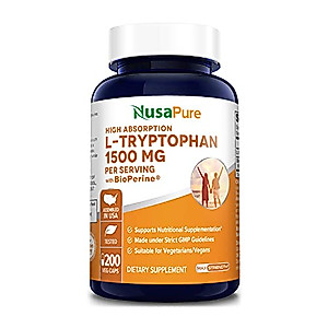 NusaPure L-Tryptophan 1500mg 200 Vegetarian Caps (Non-GMO, Vegan) Bioperine