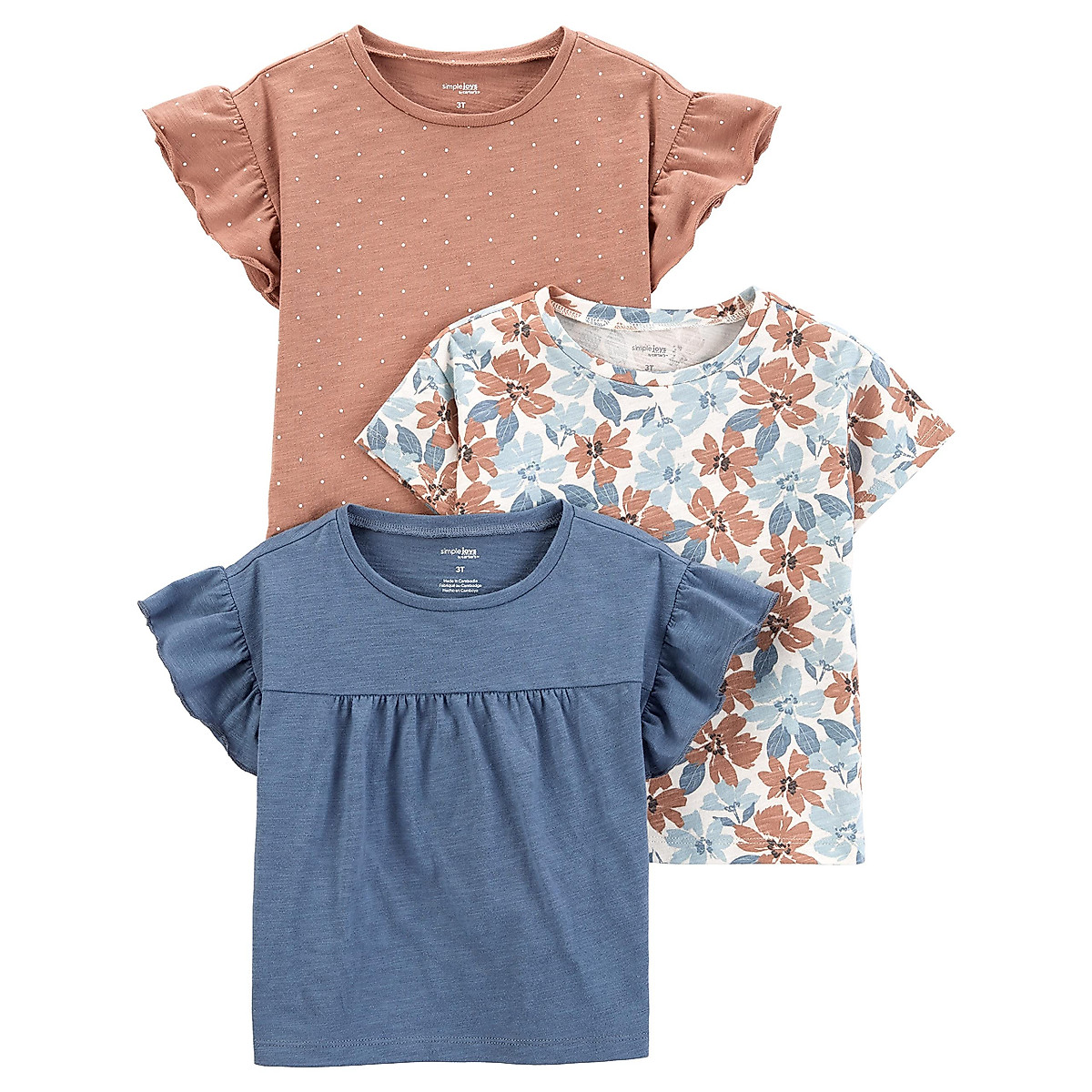 Simple Joys by Carter's Girls' Short-Sleeve Shirts and Tops, Pack of 3, Brown Dots/Denim/White Floral, 7