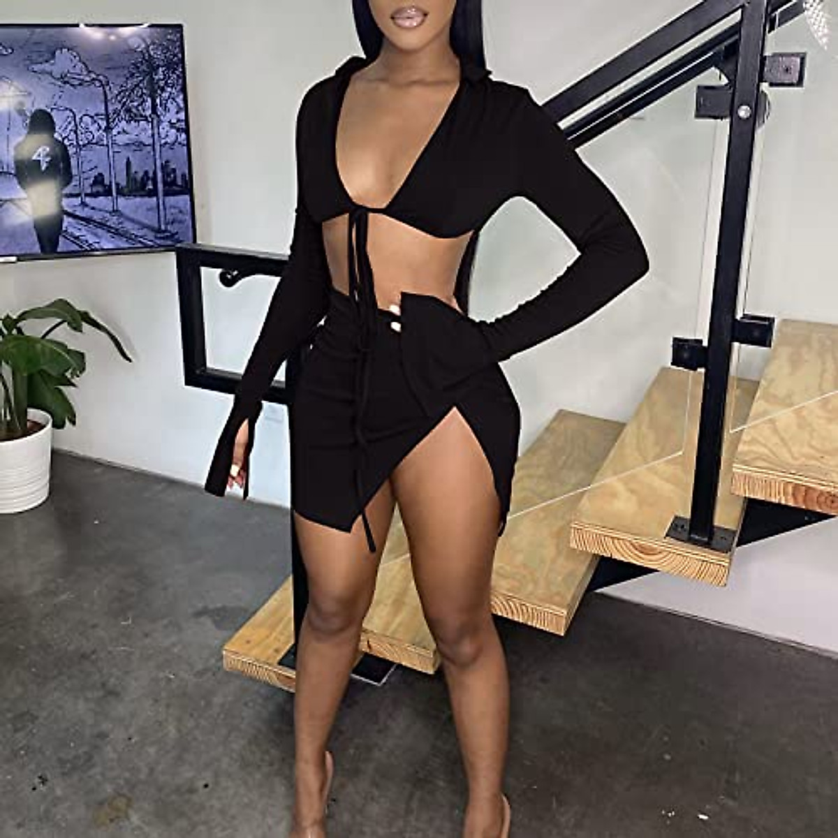 SUZONANA Black Sexy 2 Piece Club Outfits for Women Two Piece Mini Skirt Sets Crop Top Clubwear Swimsuits Y2K Going Out M