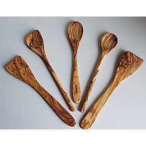 OLIVIKO Handmade Olive Wood Holder+ Utensils Kit of 5 Utensils Holder+ 2 Spatula + 3 Spoon 100% Olive Wood