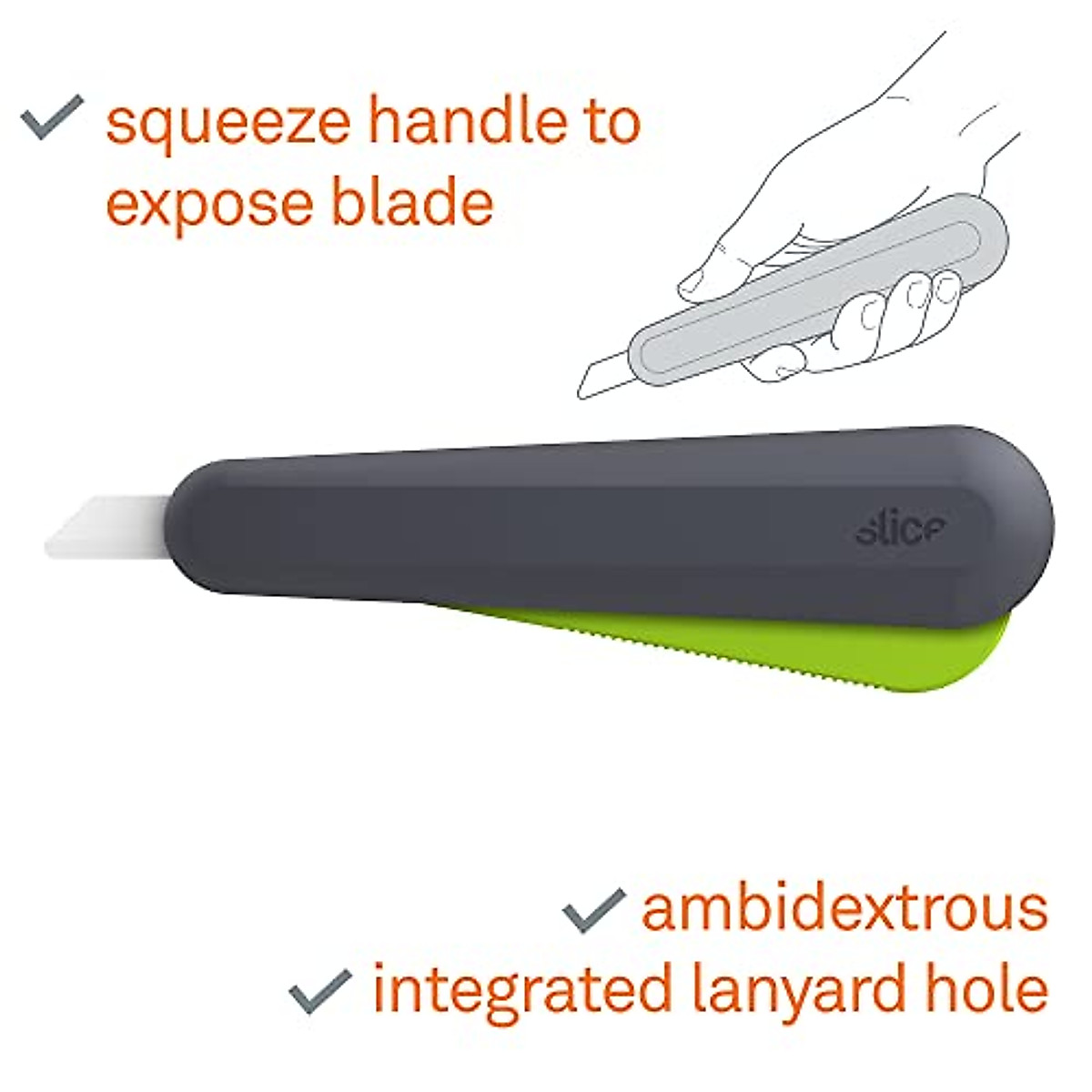 Slice 10563 Auto-Retractable Squeeze-Trigger Utility Knife, Safer Choice, Never Rusts, Lasts 11x Longer Than Metal, Finger Friendly Ceramic Blade, 1 Pack