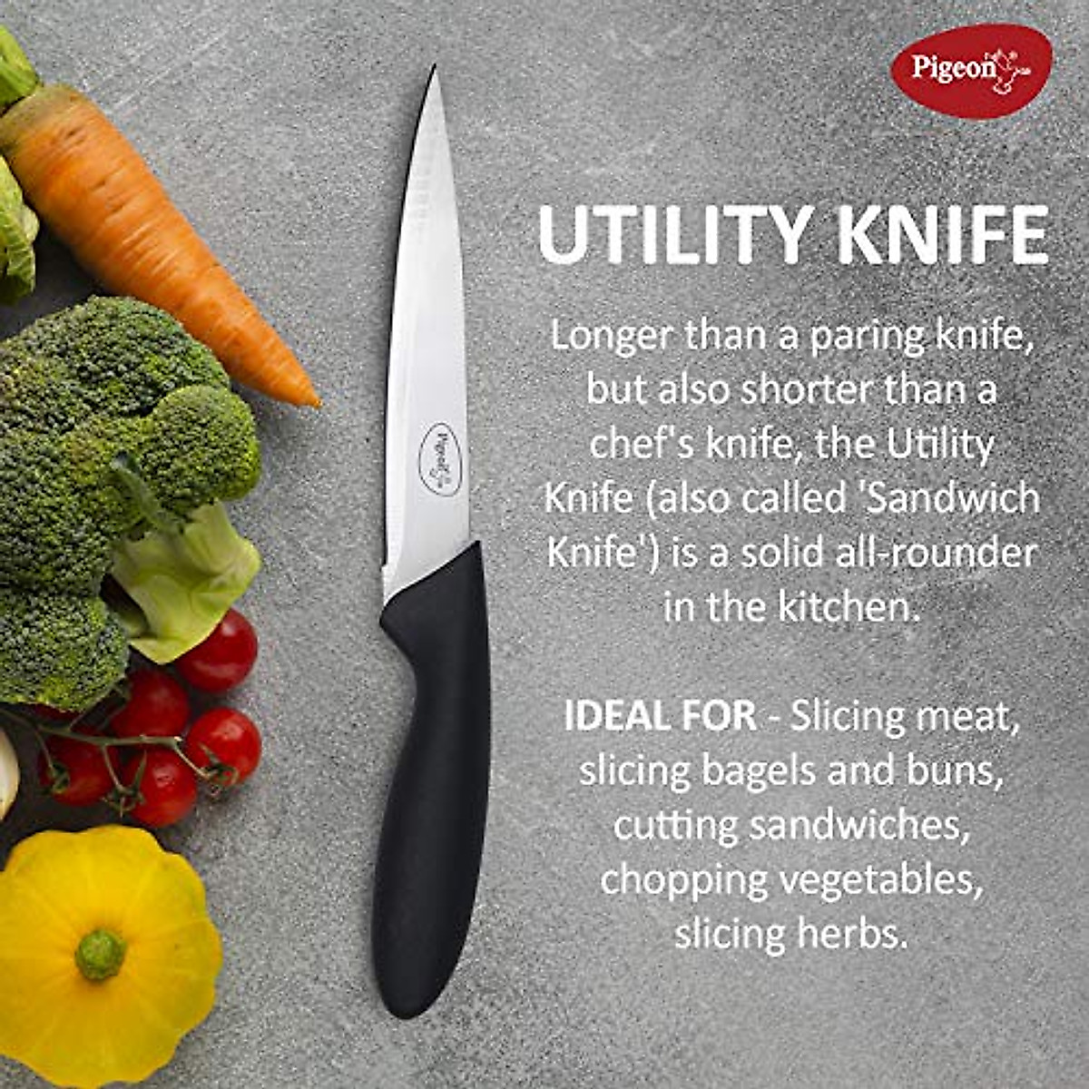 Pigeon 3-Piece Knife Set with Contoured Handle, Utility, Paring & Chef's Knife Set for Kitchen, Razor-Sharp Stainless Steel Blades, Lightweight, Dishwasher Safe, Ideal For Meat, Veggies, Herbs & Nuts