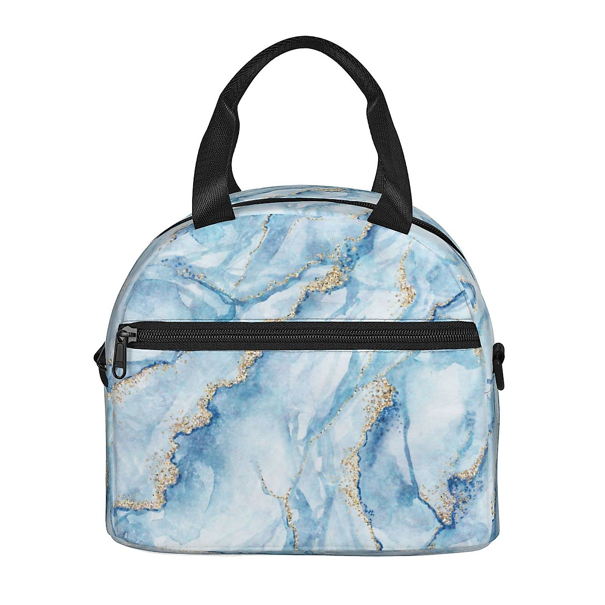Blue Marble With Gold Glitter Marbling Texture Lunch Bag Reusable Insulated Lunch Tote Bag Lunchbox Container With Adjustable Shoulder Strap For Office Work School Picnic Travel