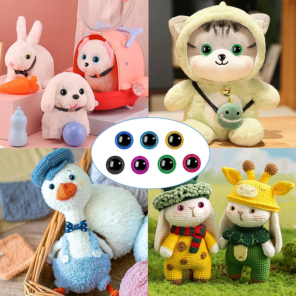 Ferenala 100Pcs 10-30mm Safety Eyes and Noses Large Plastic Craft Crochet Eyes Glitter Doll Eyes with Washers for Plush Animals Stuffed Animals DIY Puppet Bear Toy Doll Making Supplies (Multicolor)