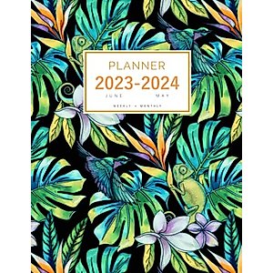 Planner 2023-2024: 8.5 x 11 Weekly and Monthly Organizer from June 2023 to May 2024 | Tropical Plant Lizard Bird Design Black