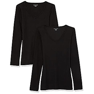 Amazon Essentials Women's Fitted Long Sleeve Shirt, Slim-Fit - Layering Knit Rib V-Neck (Plus Size Available), Pack of 2, Black, Large
