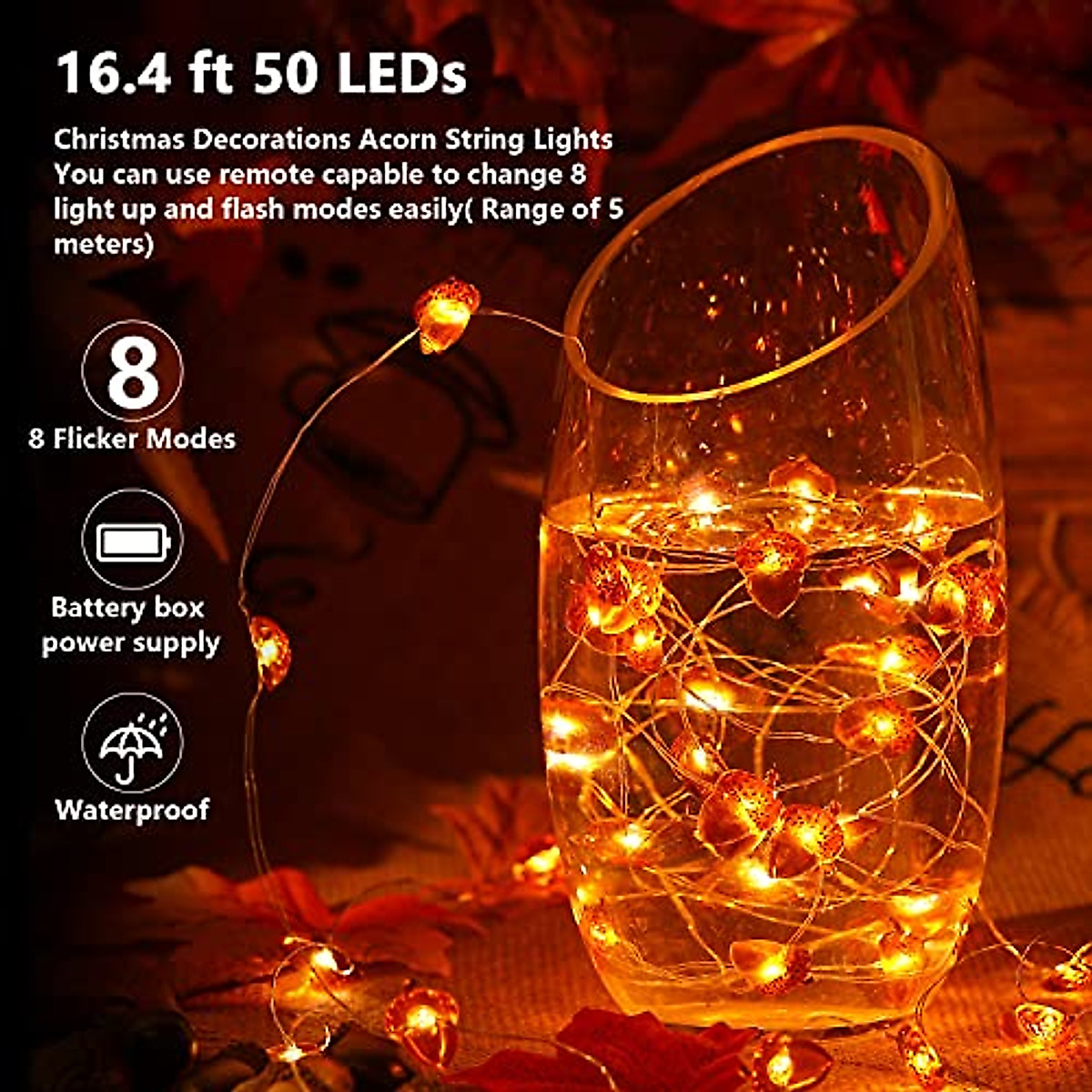 Mudder Acorn Valentine's Day Heart String Lights Decor 16.4FT 50 LEDs Heart Fairy Light Battery and USB Powered with Remote for Indoor Outdoor Wedding Party(Acorn,White)
