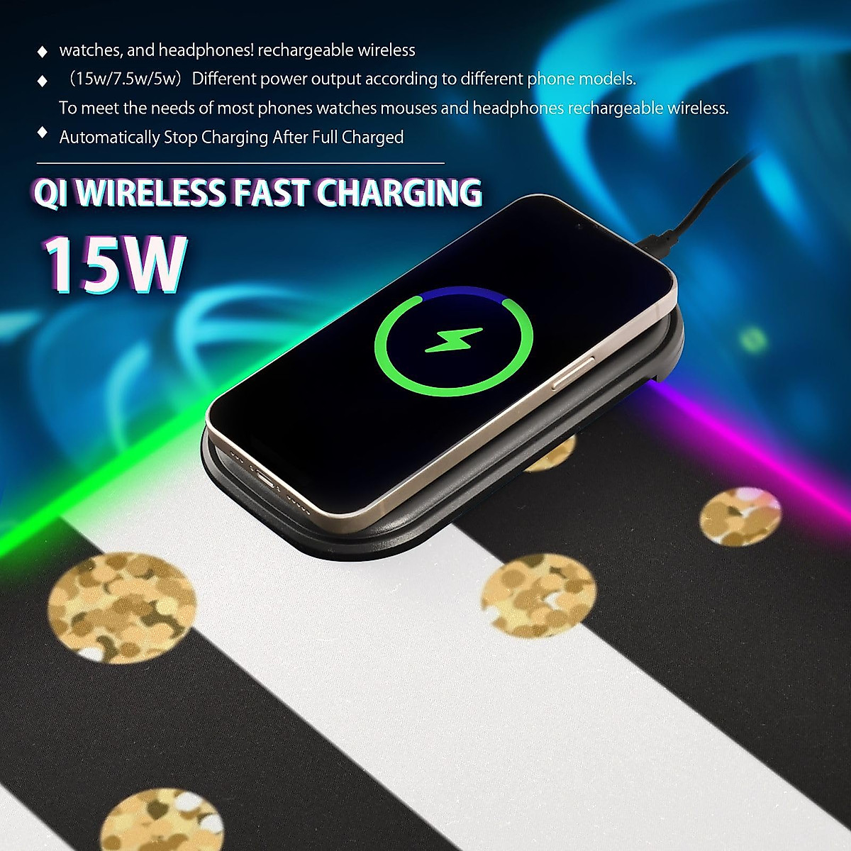 Gold Polka Dot on Lines Wireless Charging Mouse Pad for Mobile Phone Extra Large Gaming Mousepad with 13 Lighting Modes Keyboard Mat for MacBook PC Laptop Desk Office Home Gaming