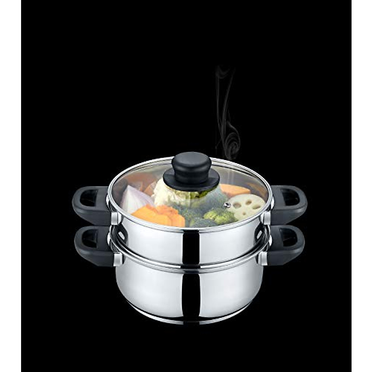 CONCORD 3 Quart Stainless Steel 3 Piece Steamer Cookware Set. Features 2 Quart Veggie Steamer and 3 Quart Cooking Pot with tempered glass lid. (INDUCTION COMPATIBLE)