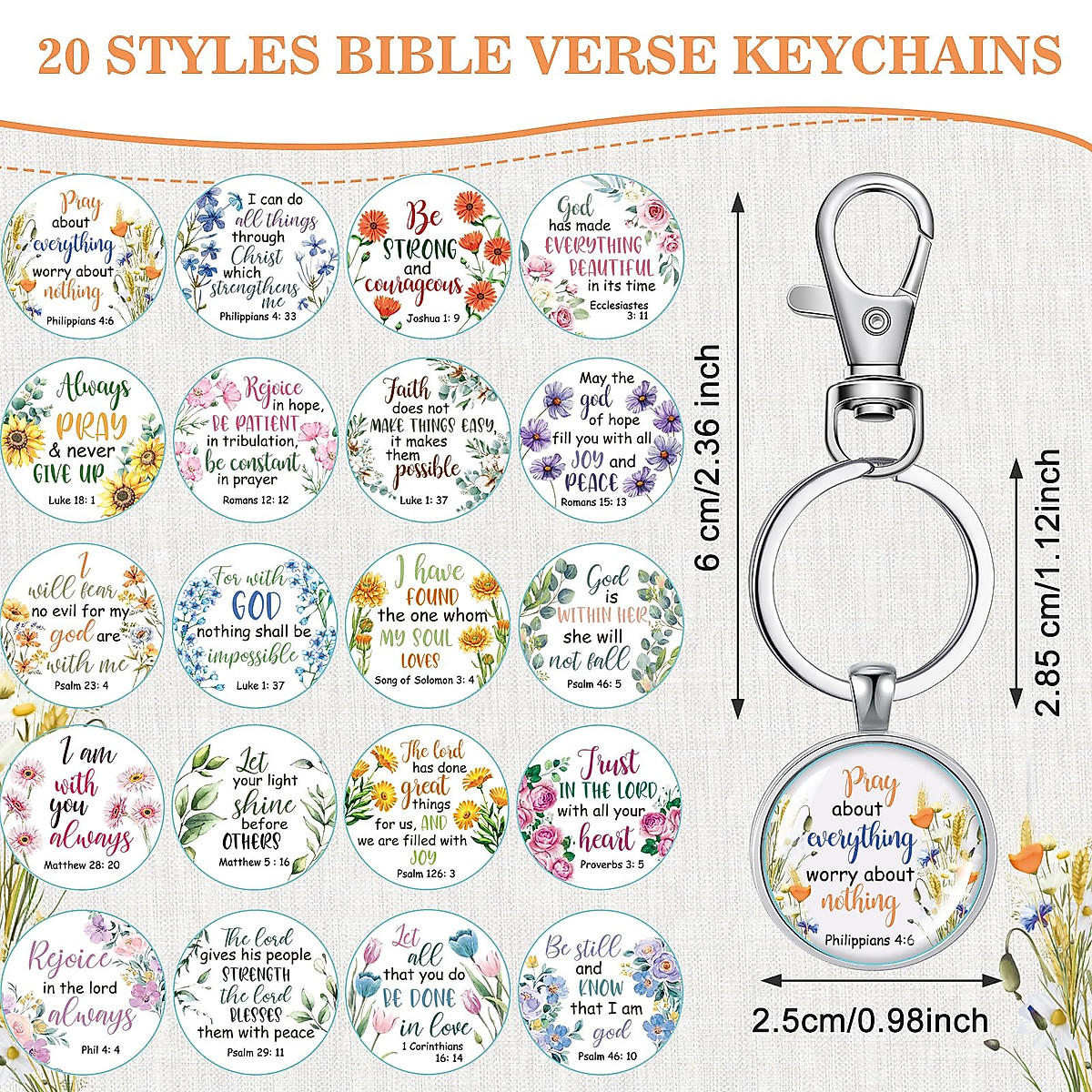 Sasylvia 20 Pcs Christian Keychains for Women Inspirational Scripture Quote Religious Keychains Bible Verse Gifts for Prayers(Flowers)