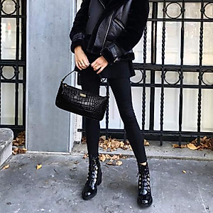 Leather Shoulder Bag for Women - Retro Classic Clutch Real Leather Croc Print Tote Small Purse Handbag with Zipper Closure