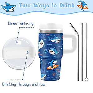 Shark Gifts for Boys, Shark Tumbler with Handle and Straw for Kids 14 oz, Gifts for Shark Lovers Kids, Cute Shark Themed Gifts for Toddlers, Insulated Stainless Steel Shark Mugs for Boys Girls