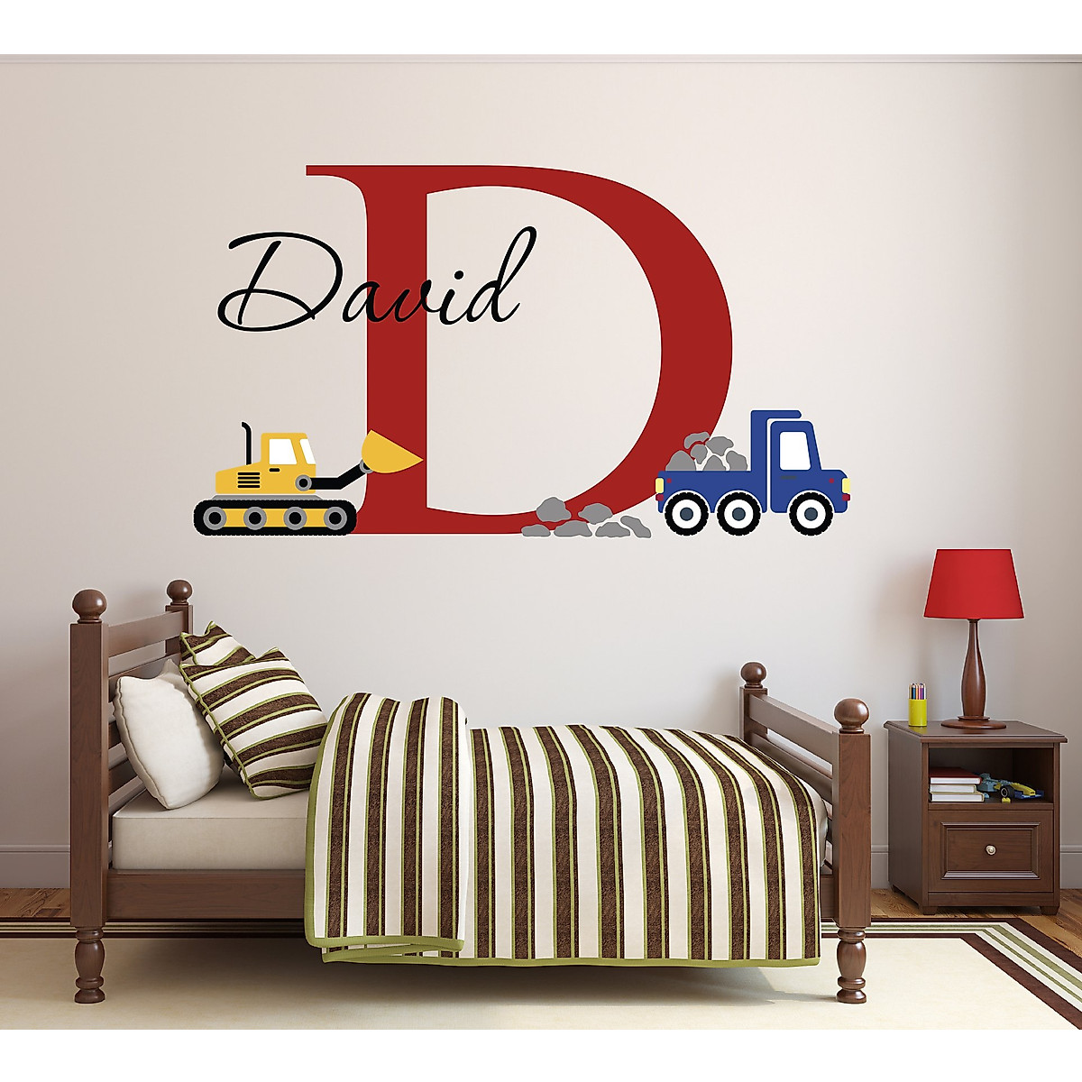 Lovely Decals World LLC Custom Construction Truck Name Wall Decal for Boys Nursery Baby Room Art Decor Vinyl Sticker (20" W x 16" H)