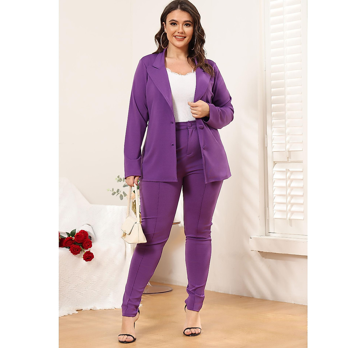 Women Lapel Collar Long Sleeve Top Jacket Pants 2 Piece Suit Set Outfits Elegant Uniform Suits Letter Print 219 Purple Large